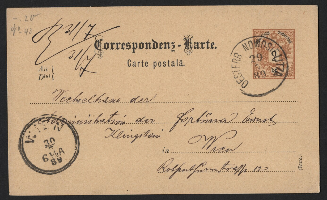 SCG3806 - Austria 1889 Postal Card – 2 Kreuzer Brown (Novoselitz to Vi ...