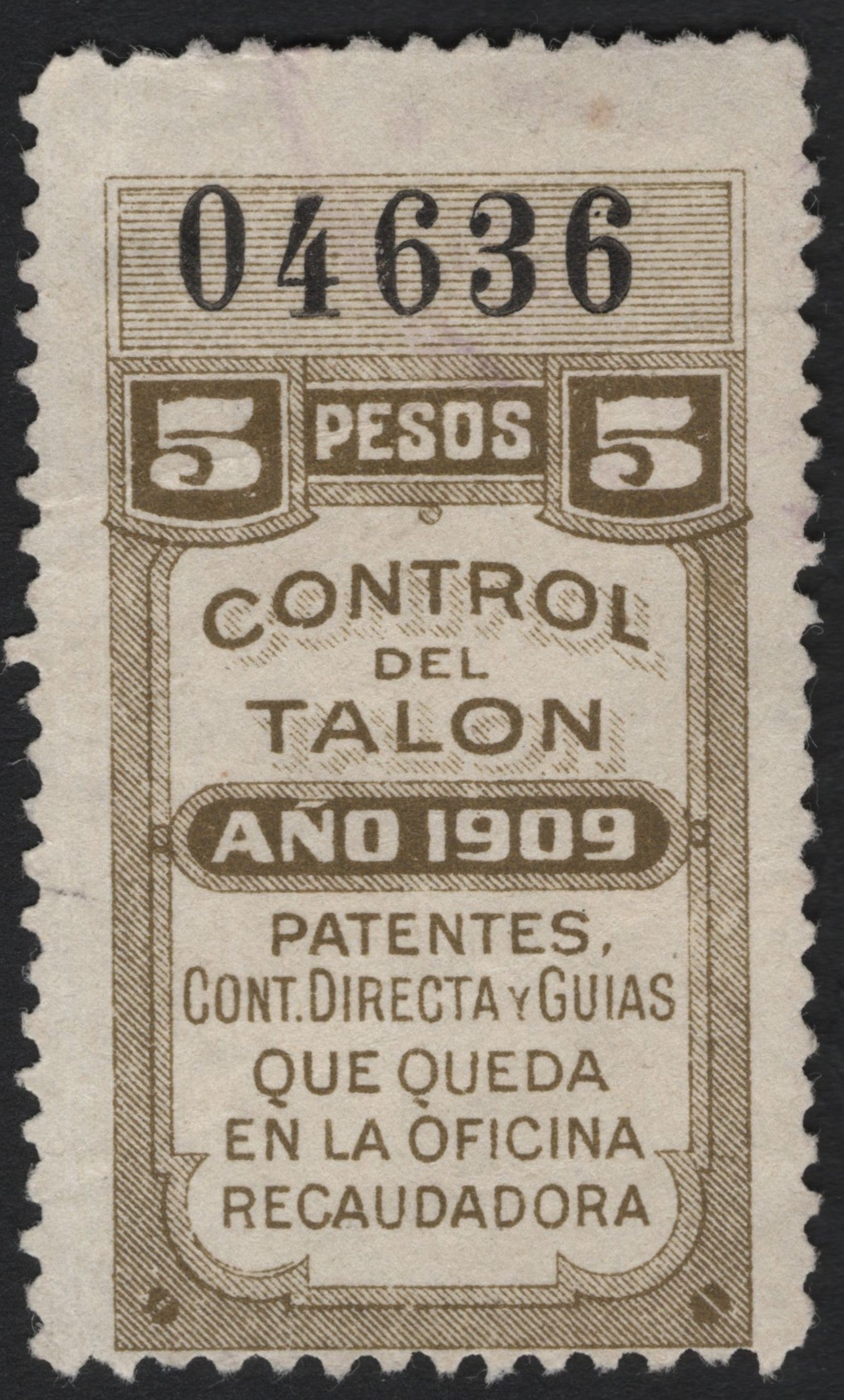 SCG4832 - Mexico 1909 Revenue Stamp – 5 Pesos "Control del Talón ...